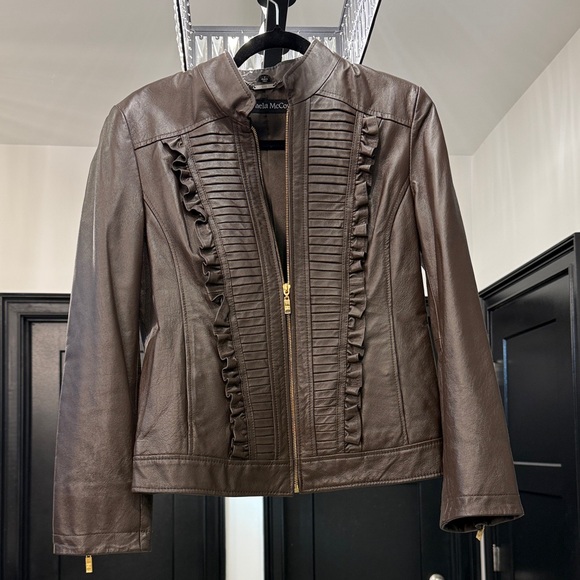 Pamela McCoy | Jackets & Coats | Pamela Mccoy Dark Brown Leather Jacket With Ruffle Accents Gold ...